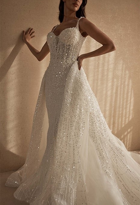 Try on the Blanche Bridal Celine + Overskirt Gown in Los Angeles, CA | Karoza Bridal